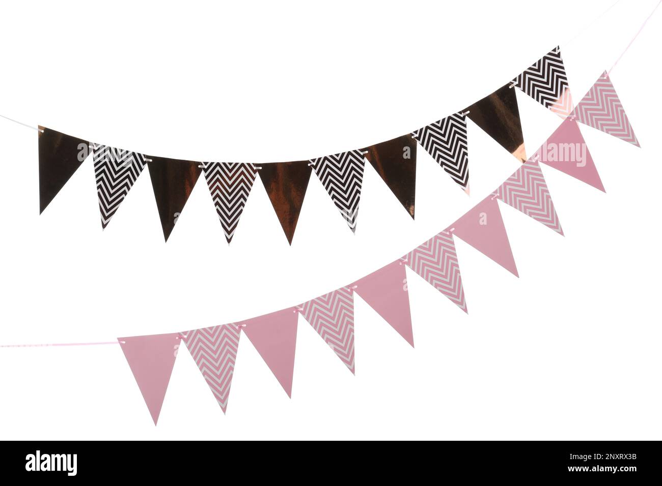 Buntings with colorful triangular paper flags on white background ...