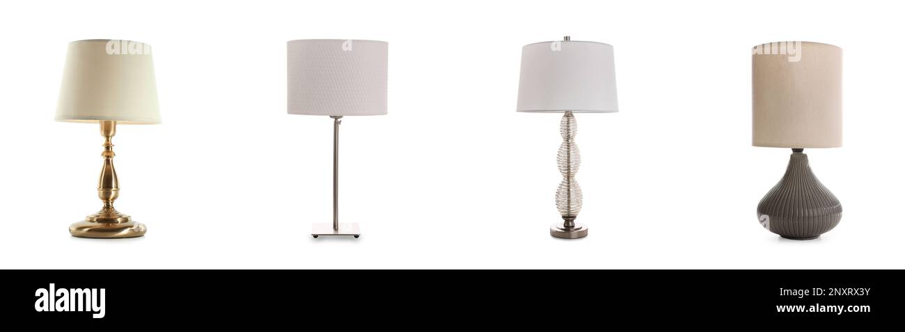 Set with stylish night lamps on white background. Banner design Stock ...