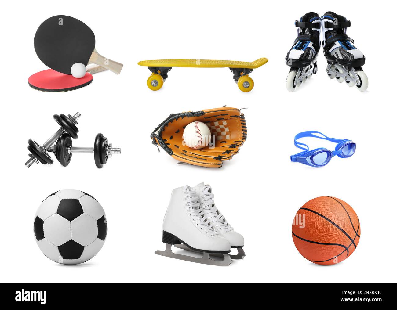 Set with different sports equipment on white background. Active ...