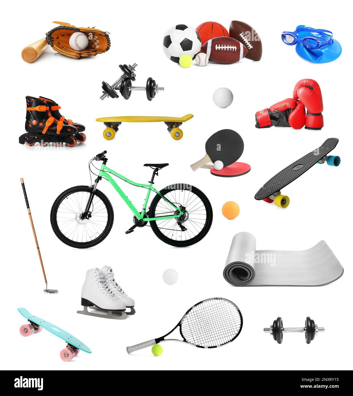 Set with different sports equipment on white background. Active ...