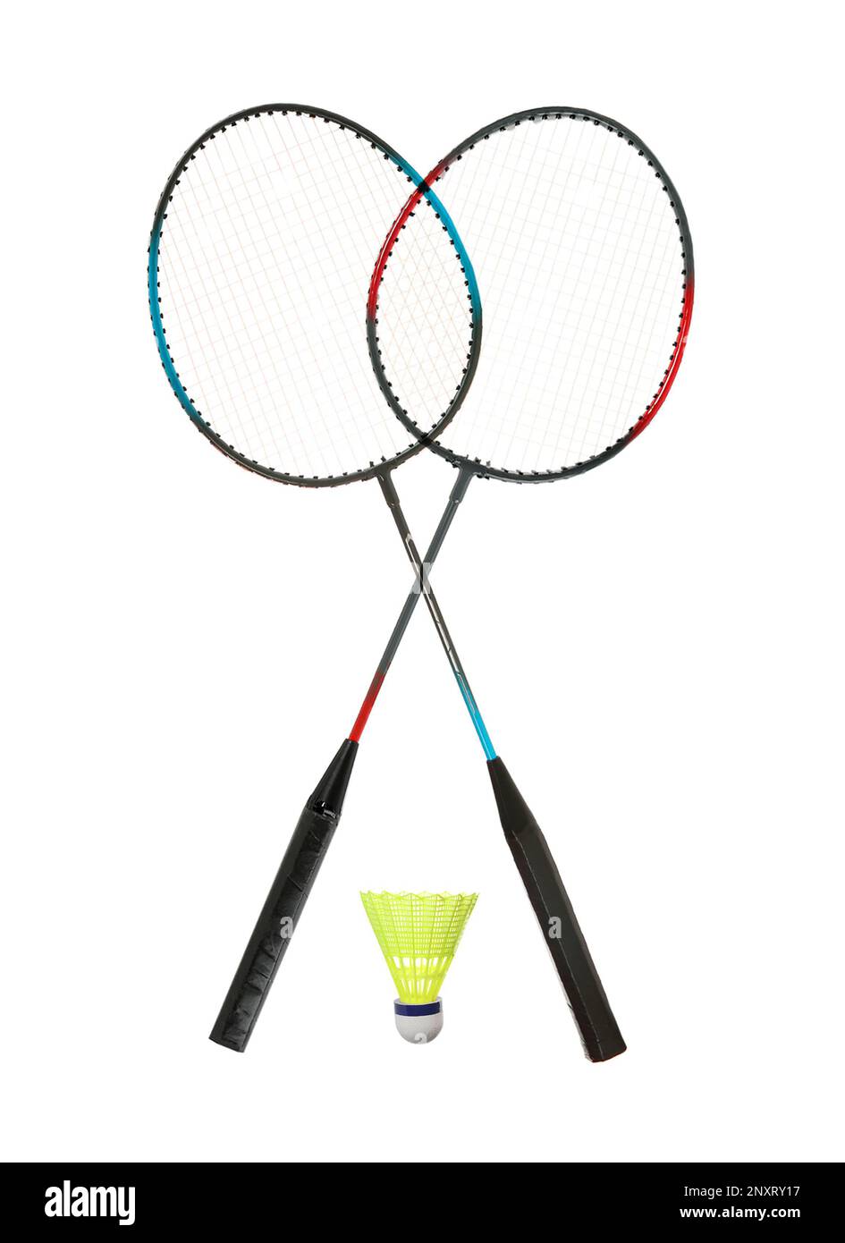 Two badminton rackets and shuttlecock on white background. Sports ...