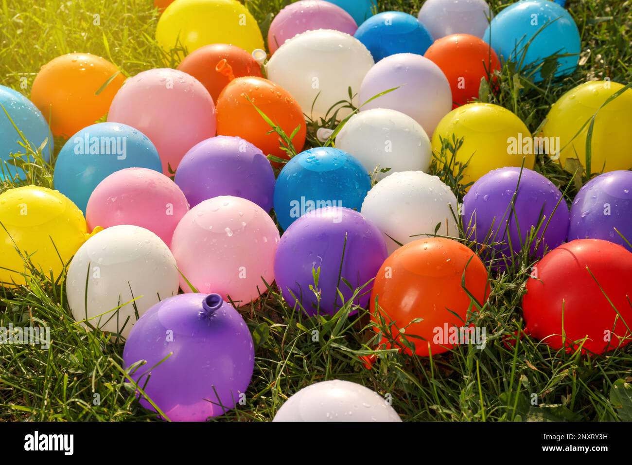 Lots of colorful water bombs on green grass outdoors Stock Photo - Alamy