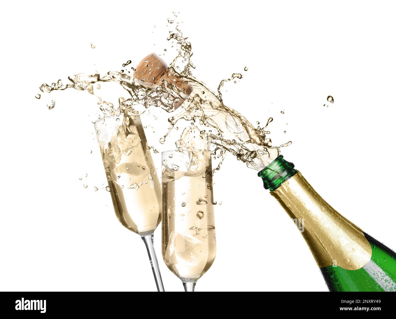 Sparkling wine splashing out of bottle and glasses on white background ...