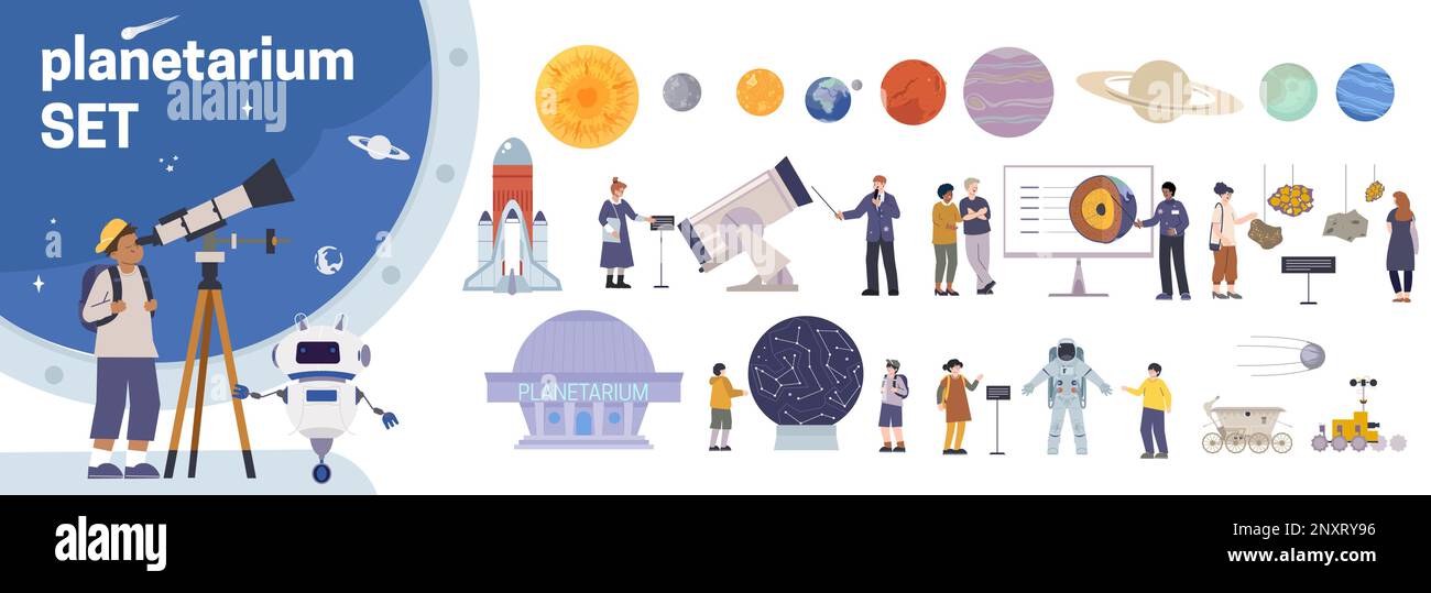 Planetarium flat set of isolated planet icons with human characters ...