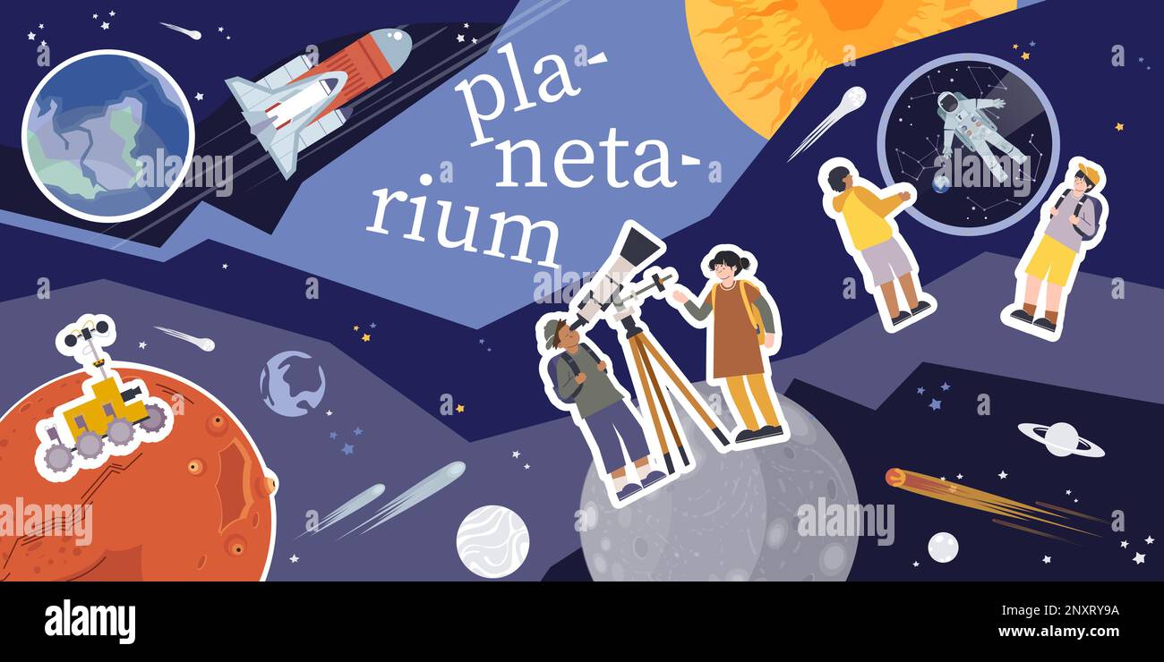 Planetarium composition with collage of flat icons with planets rockets ...