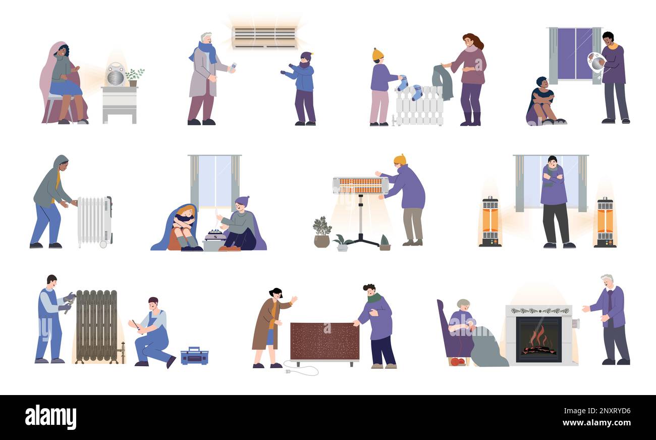 Heating appliances flat set with isolated compositions of people in ...
