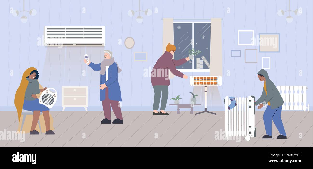 Heating appliances flat composition with indoor living room scenery and ...