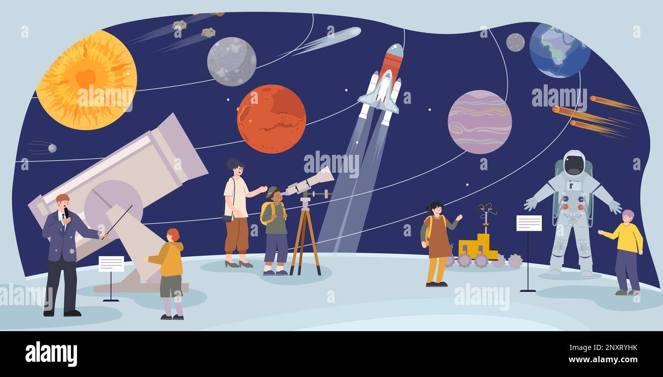 Planetarium flat composition with view of people on excursions looking ...
