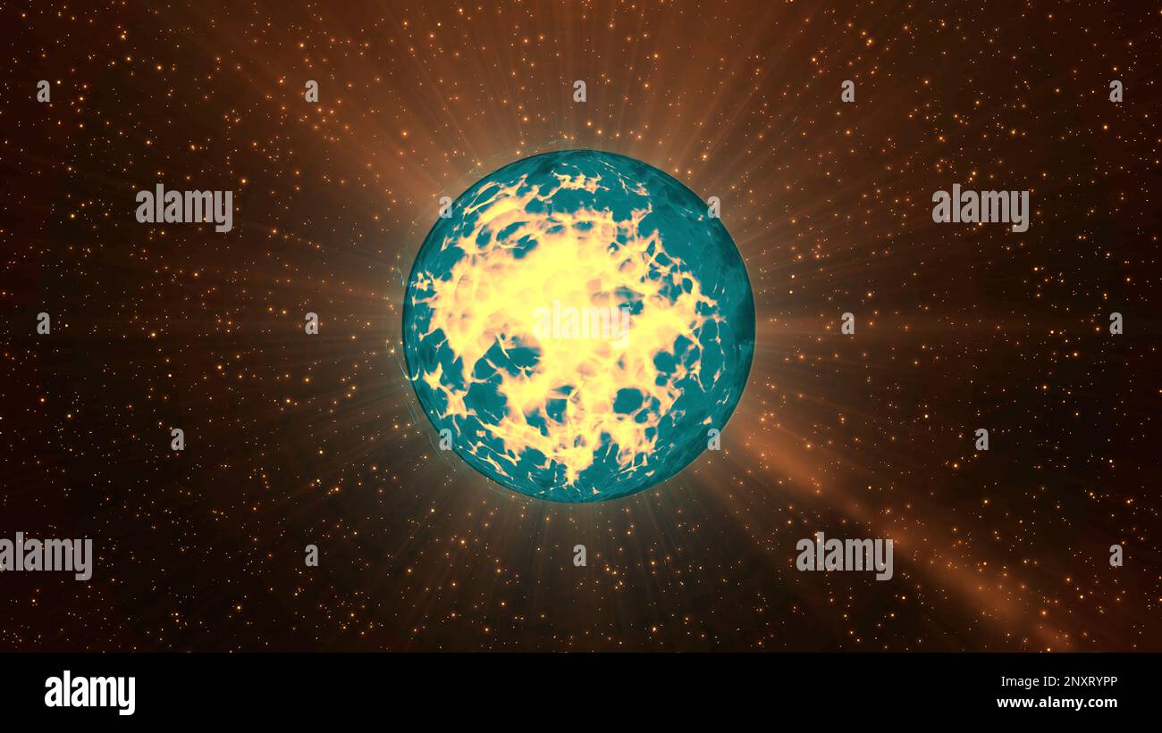 A bright blue ball with fire inside. Motion.Dark background with stars ...