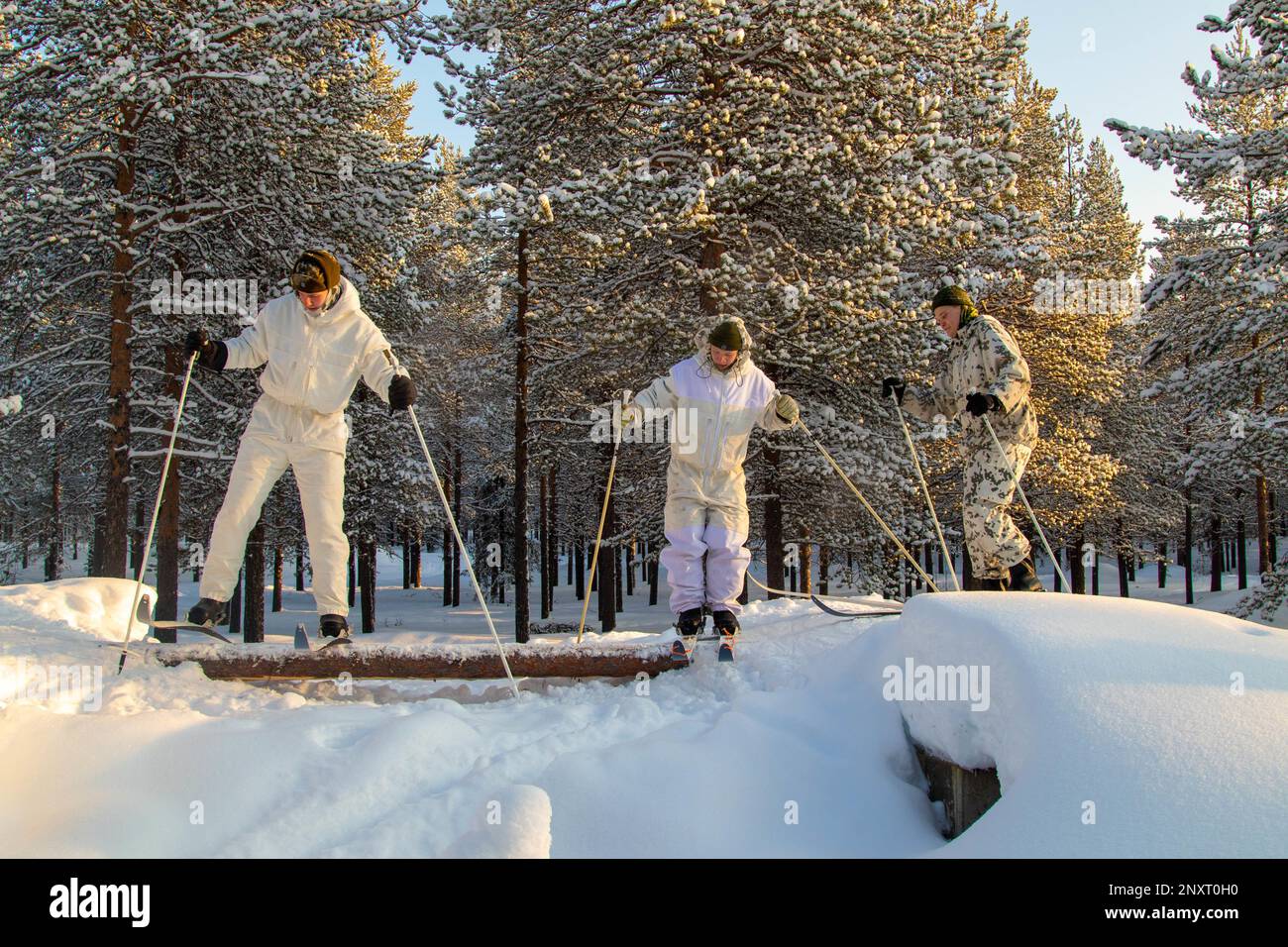 Finnish soldiers execute the log bridge crossing obstacle event at the ...