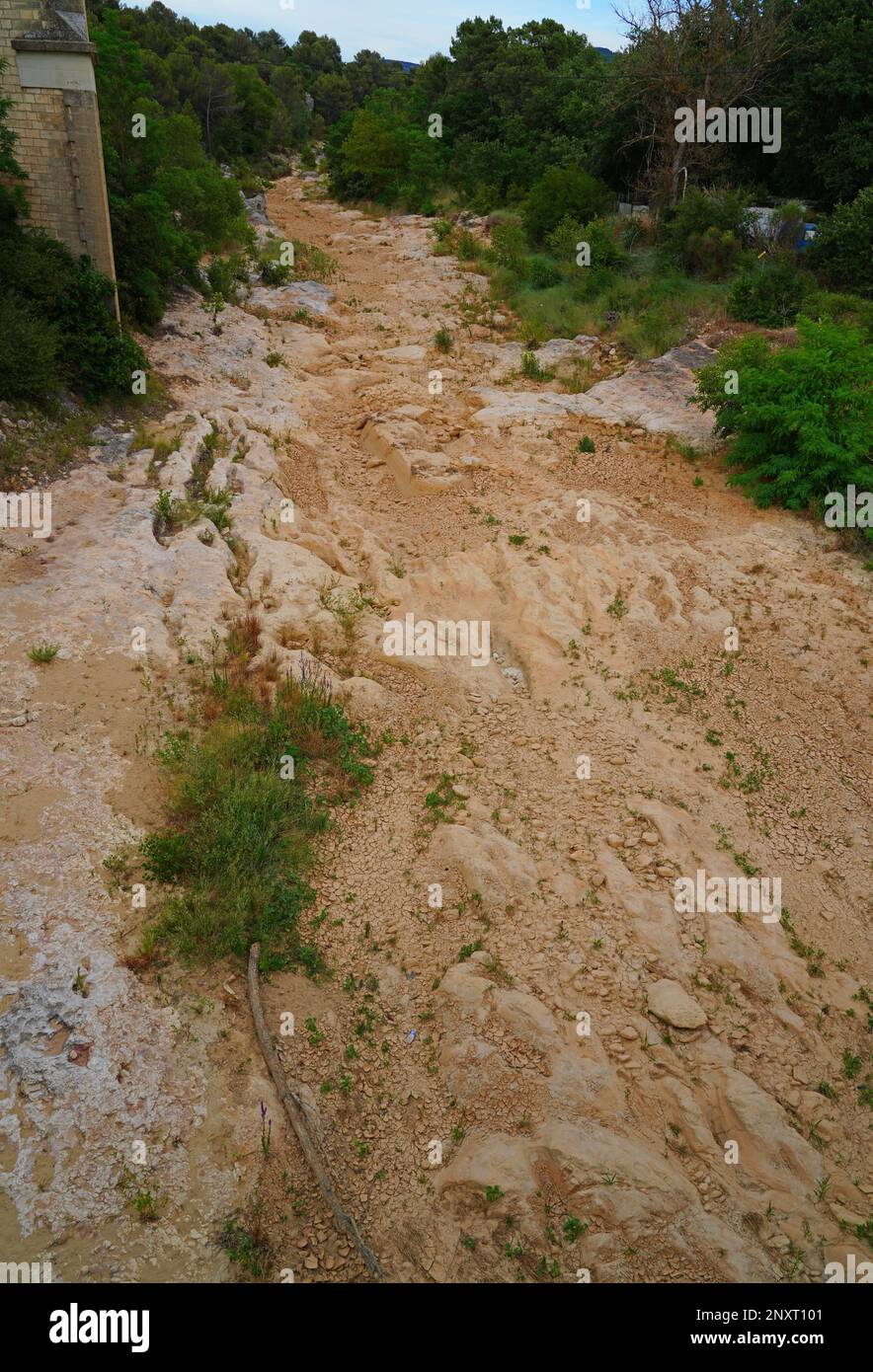 ROUSSILLON, FRANCE -1 JUL 2021- View of a completely dried up river bed ...