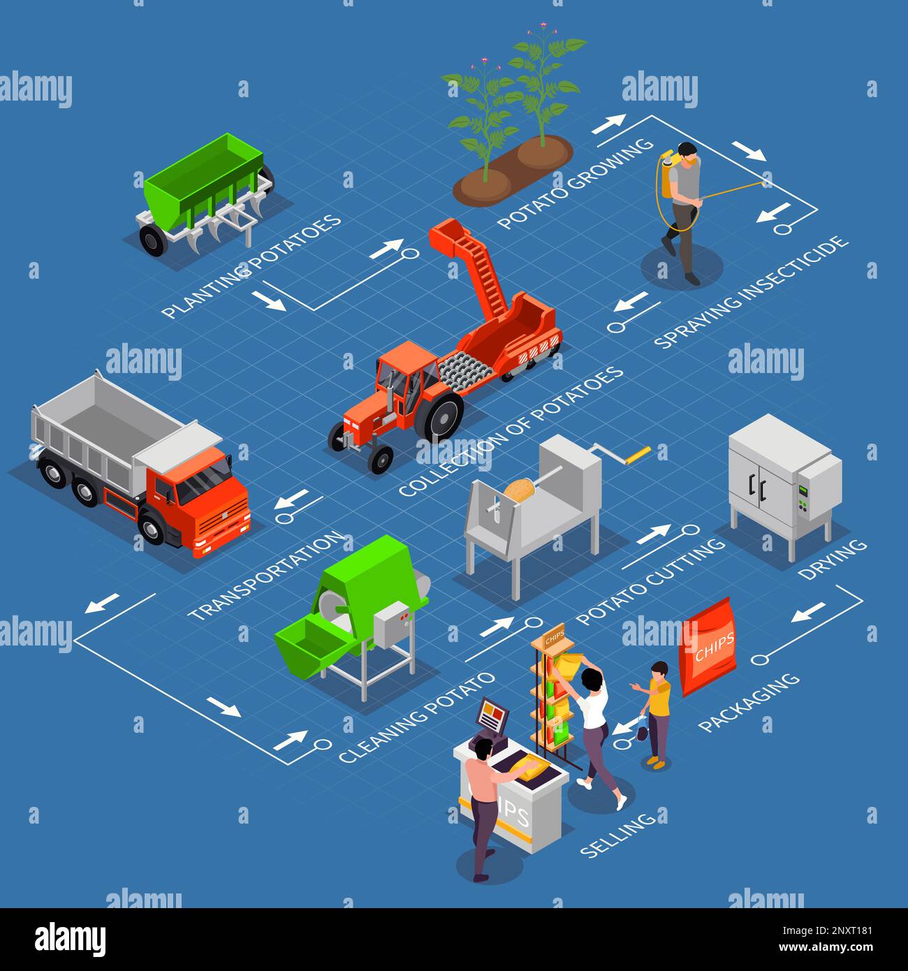 Potato chips production isometric composition with isolated images of ...