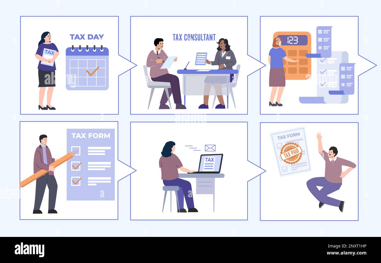 Tax people flat infographics with square conceptual compositions of ...