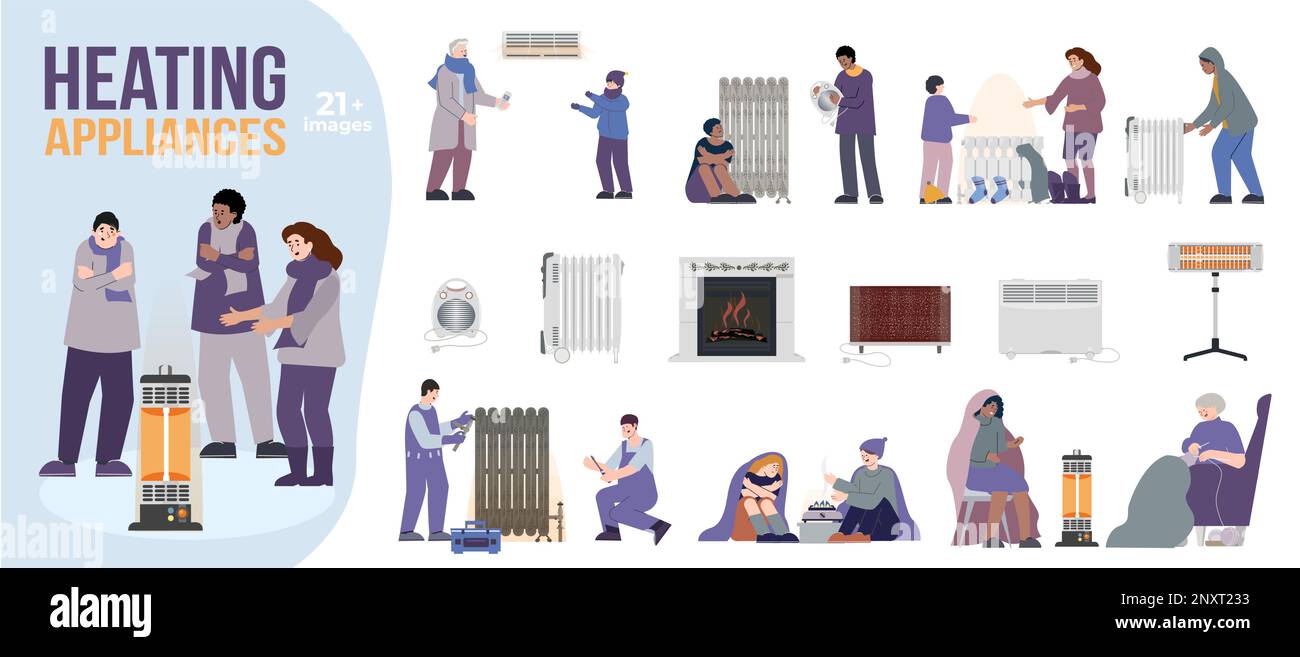 Heating appliances flat set of isolated compositions with radiator ...