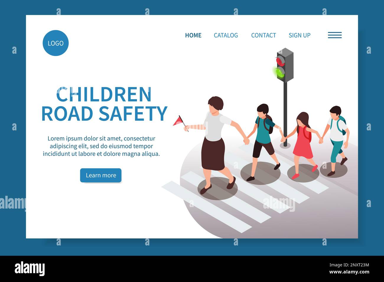 Children road safety rules isometric web site landing page with view of ...