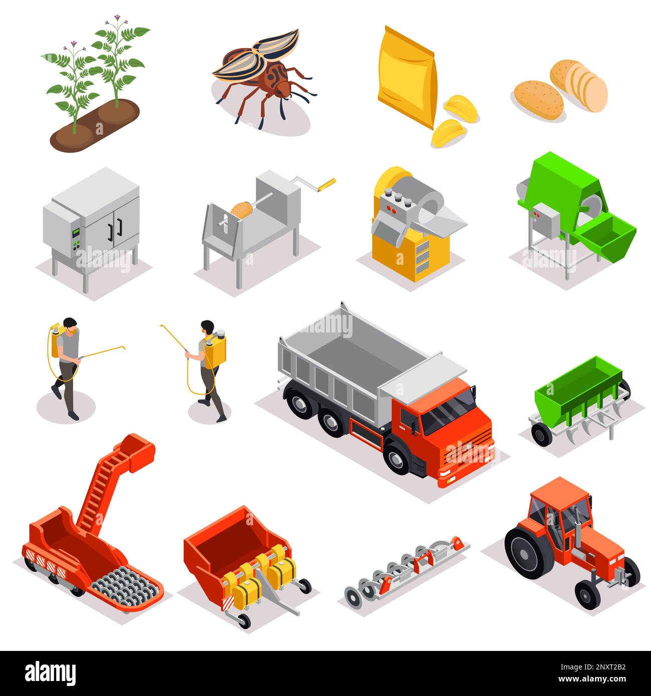 Potato chips production isometric set with isolated icons of drying and ...