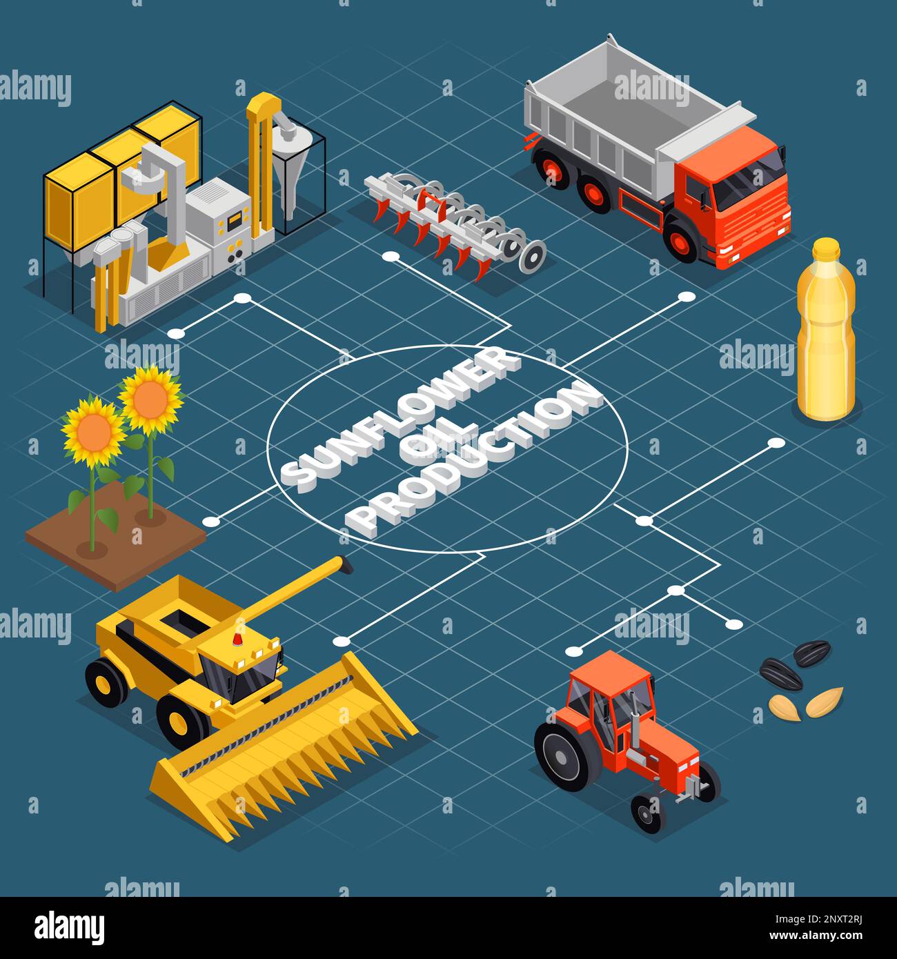 Sunflower production isometric composition with flowchart of tractors ...