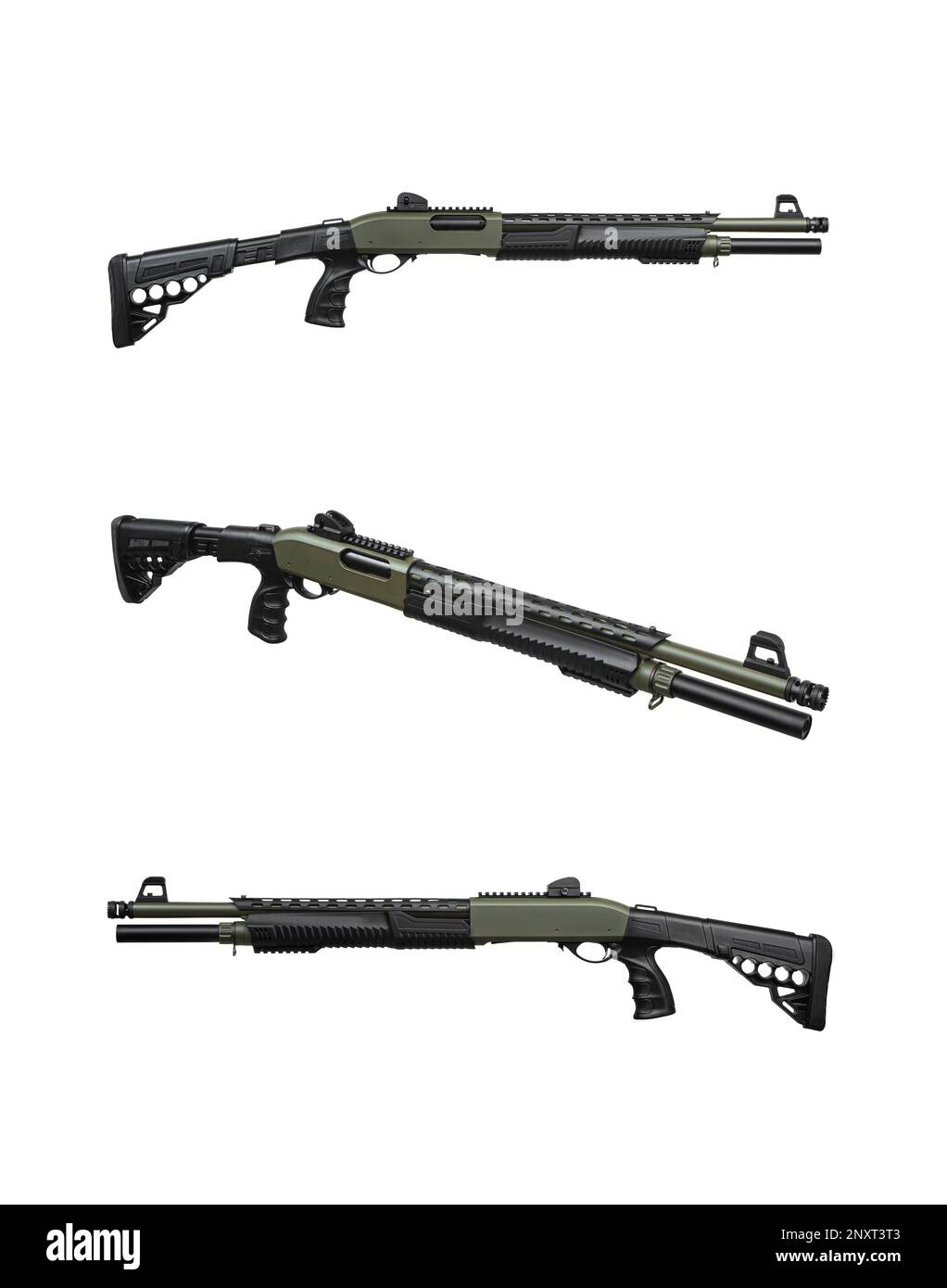 Pump-action 12 gauge shotgun isolated on a white background. A smooth ...