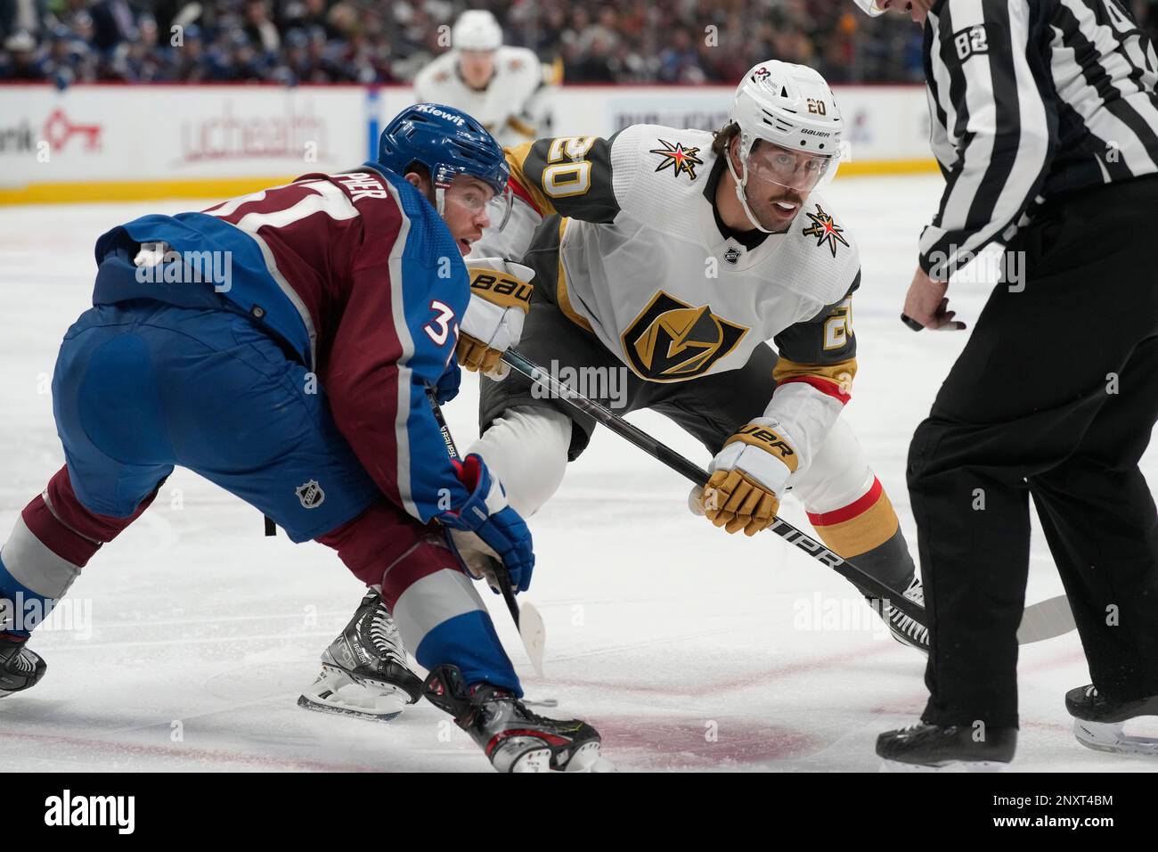 Colorado Avalanche left wing J.T. Compher (37) and Vegas Golden Knights ...
