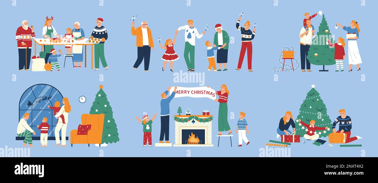 Merry christmas flat color set with festive accessories and funny ...