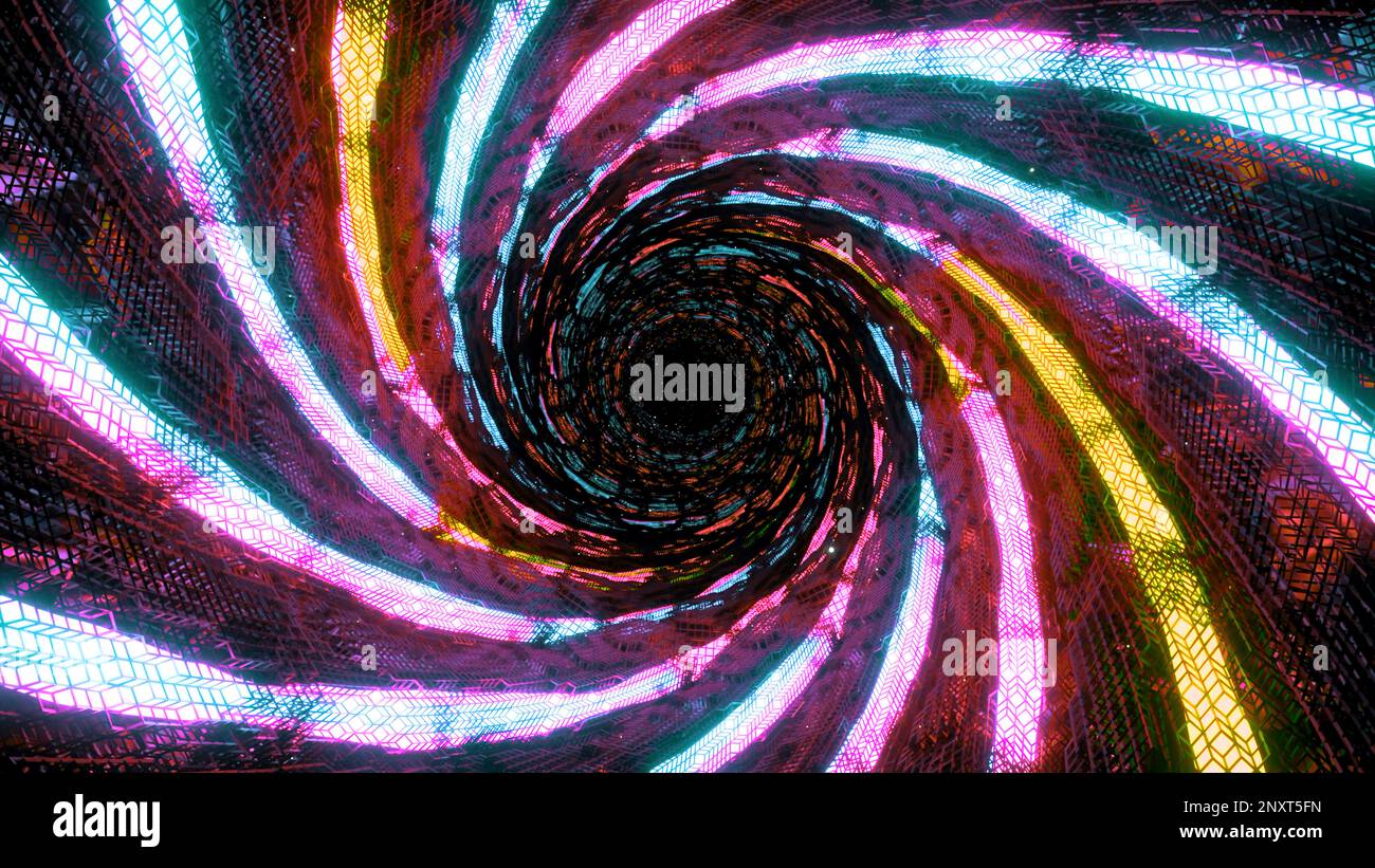 Rotating cyber tunnel with neon lines. Design. Rotating spiral of neon lines in tunnel. Movement ...