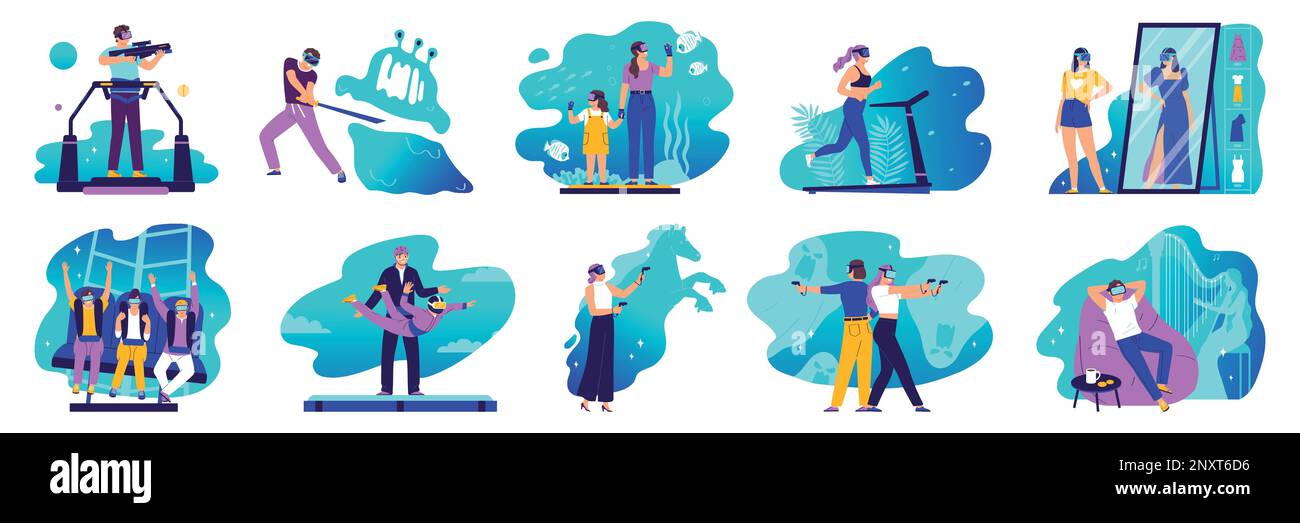 Virtual reality flat set of people wearing augmented reality glasses to ...