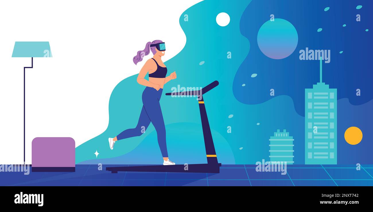 Augmented reality background with girl in VR glasses connected to ...