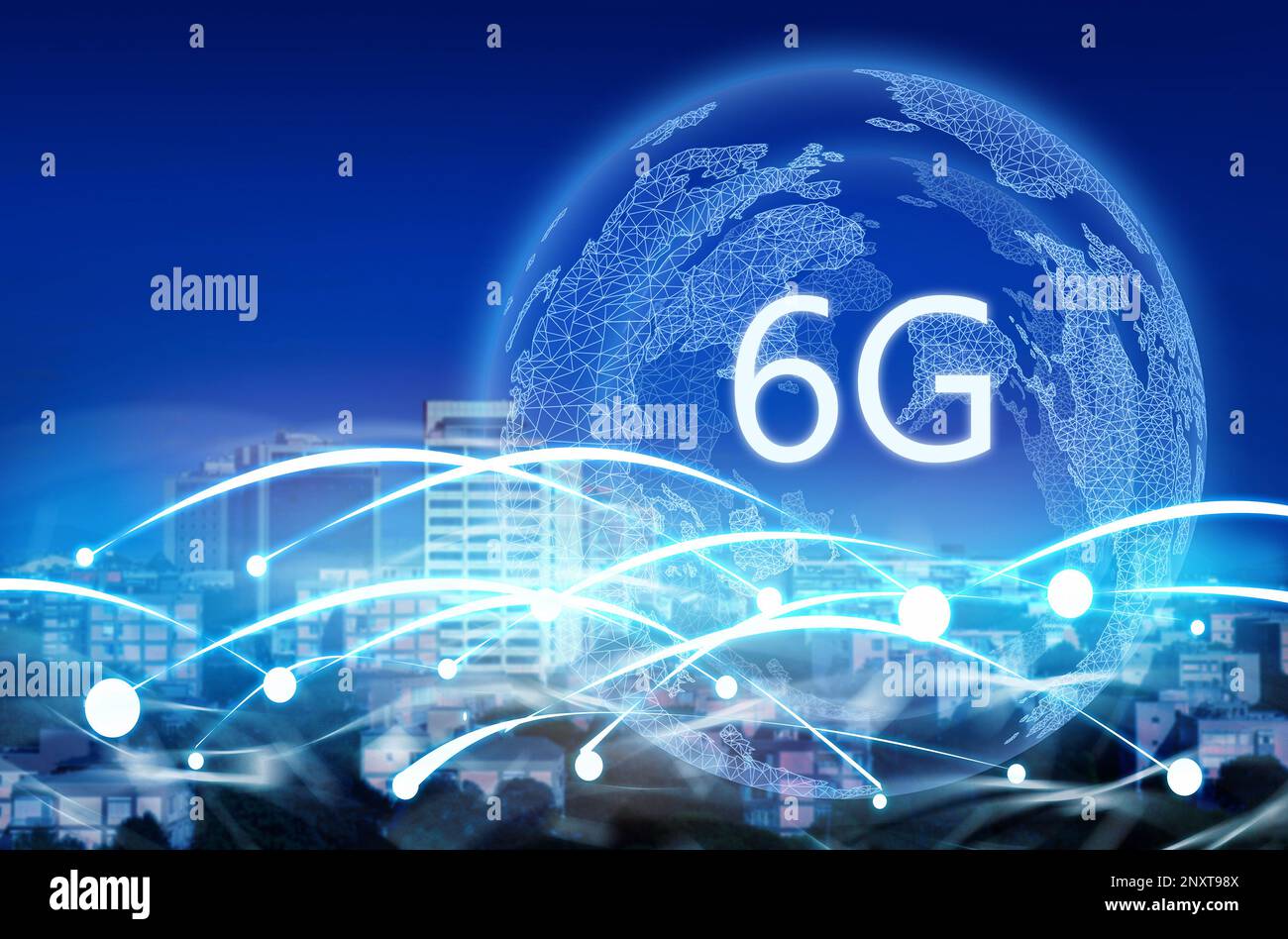 6G network wireless system. Beautiful cityscape and network connection ...