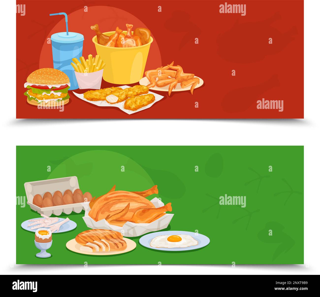Chicken products flat set with two horizontal banners with images of ...