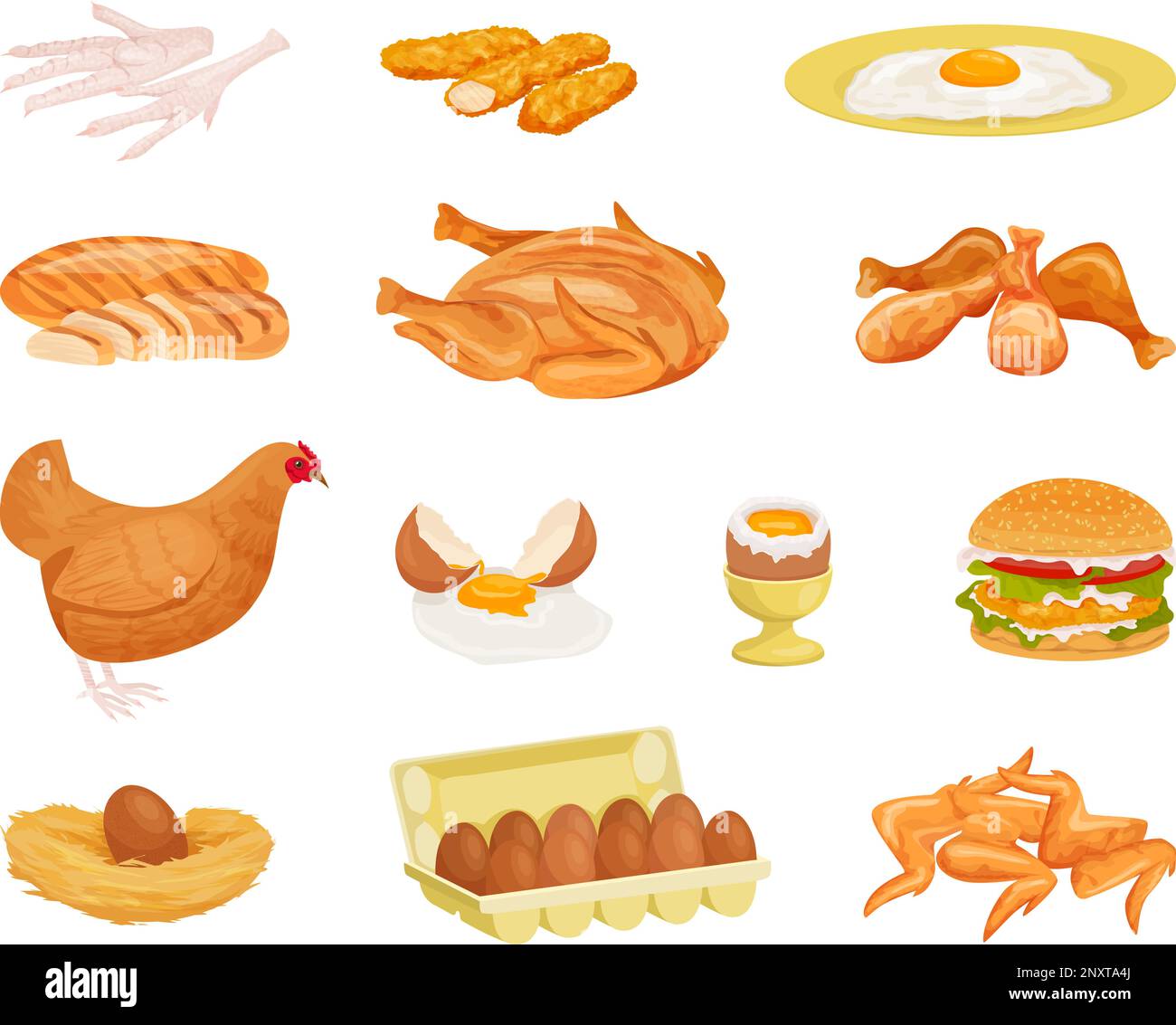 Chicken products flat set of isolated icons with hen and eggs with ...