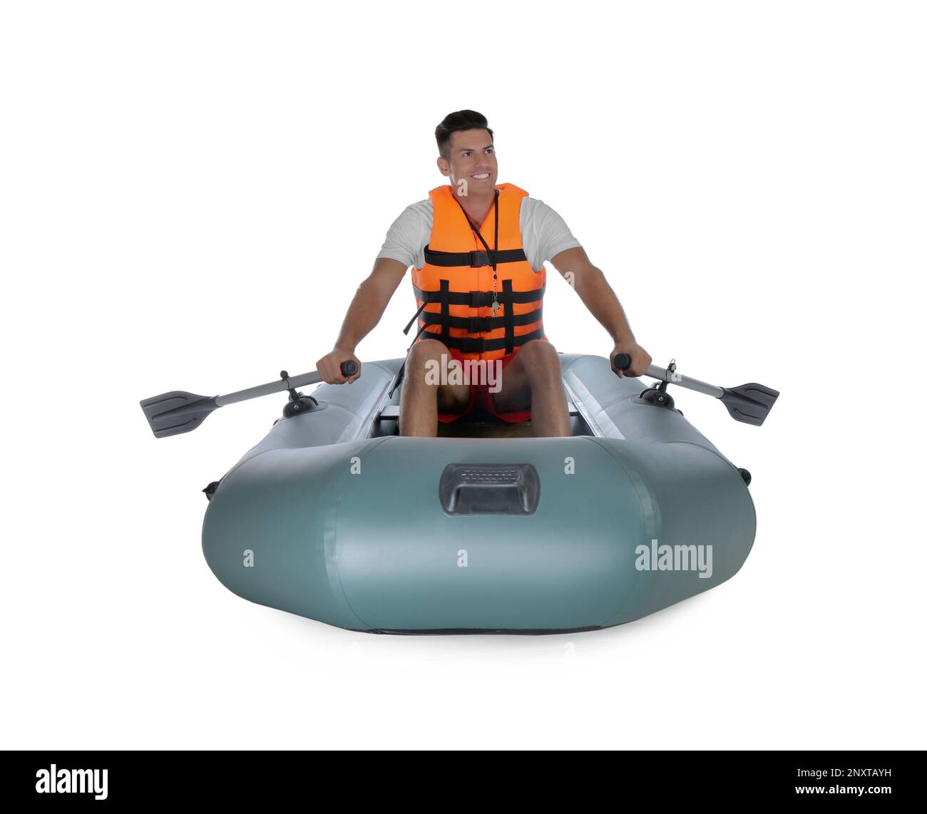 Man in life vest rowing inflatable rubber boat on white background ...