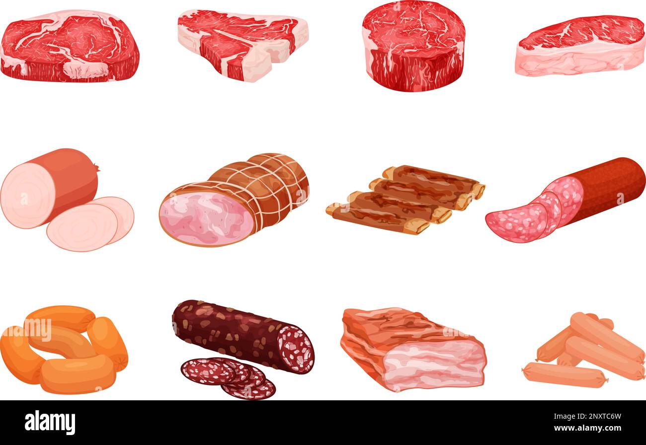 Meat products flat set with isolated images of raw steaks sausages and ...