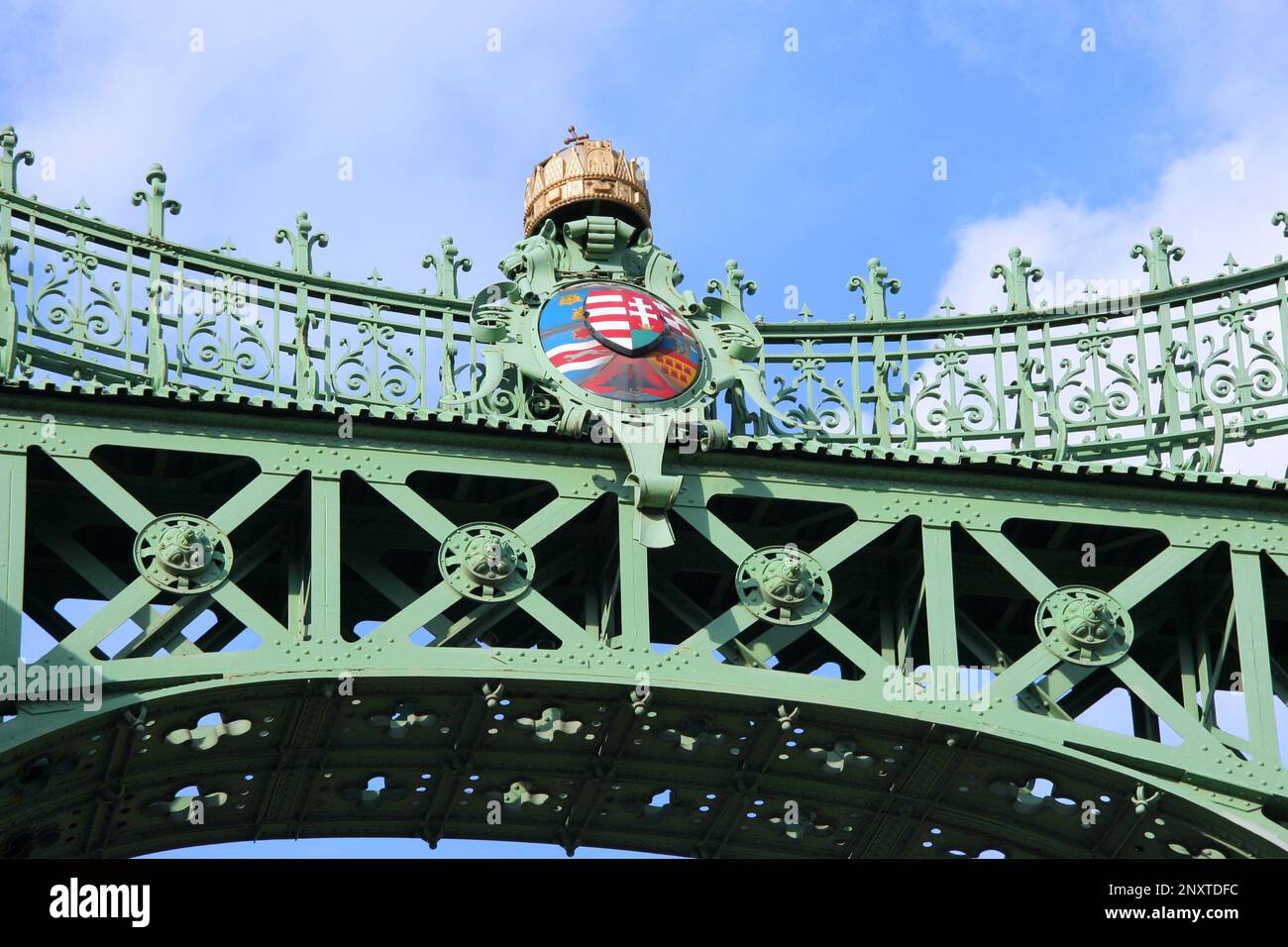 Hungarian Crown of St. Stephen and coat of arms on top of the ornate ...