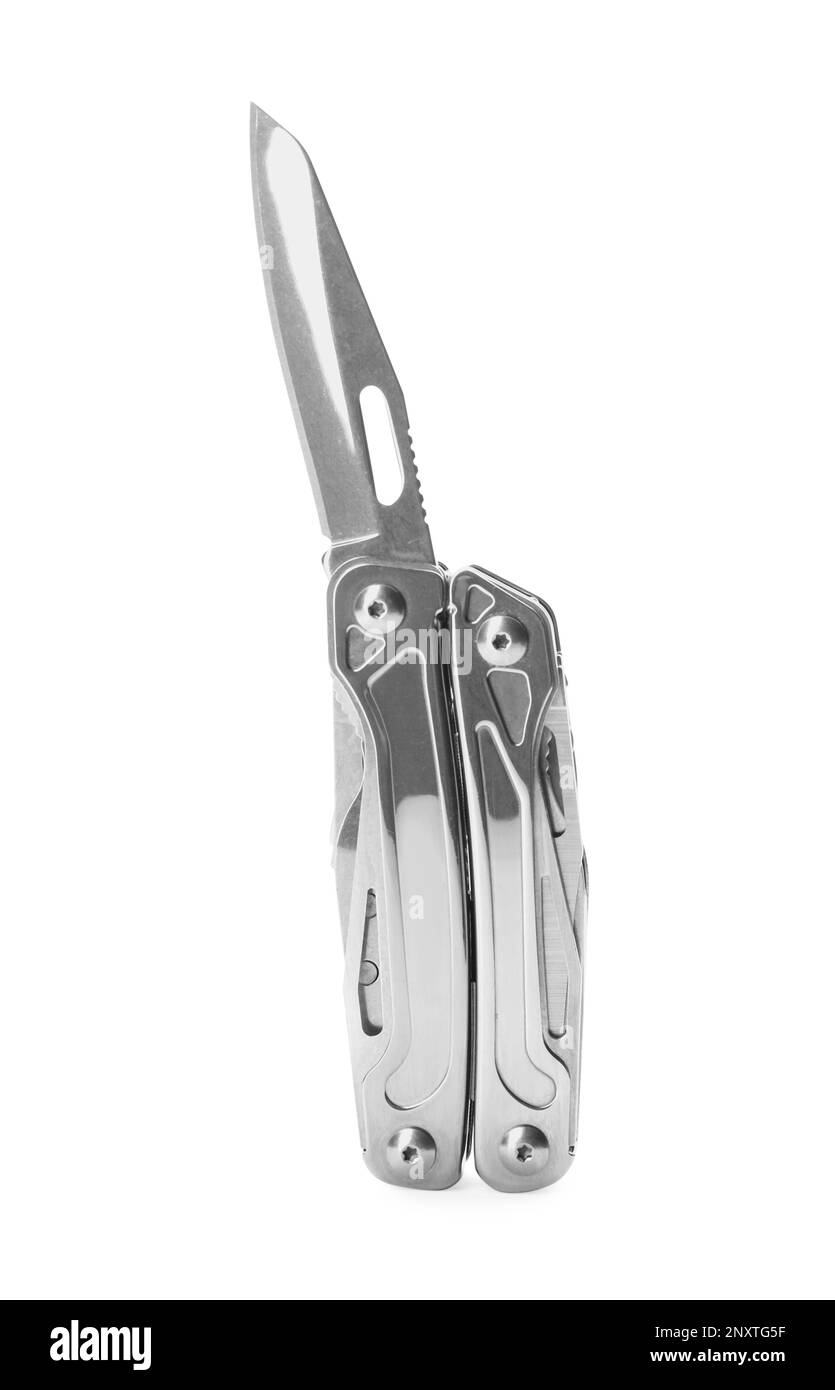 Compact portable stainless multitool isolated on white Stock Photo - Alamy