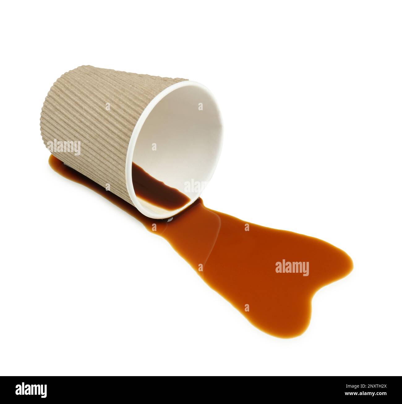 Overturned paper cup and spilled coffee on white background Stock Photo ...
