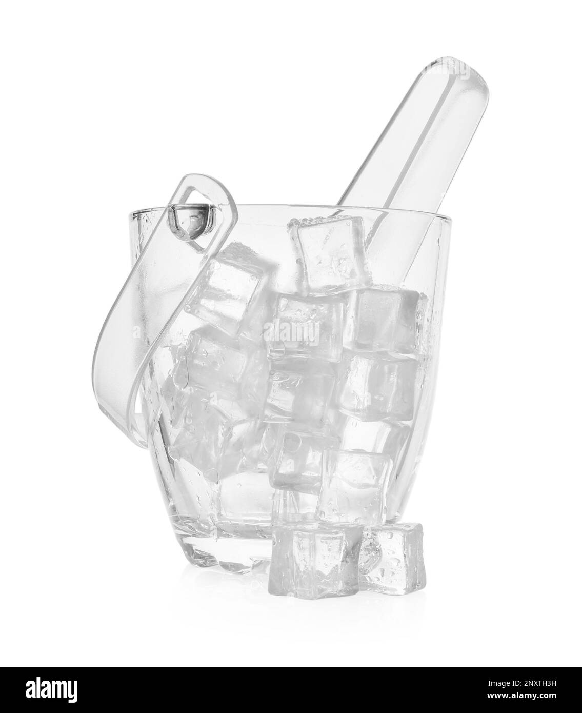 Glass bucket with ice cubes and tongs on white background Stock Photo - Alamy