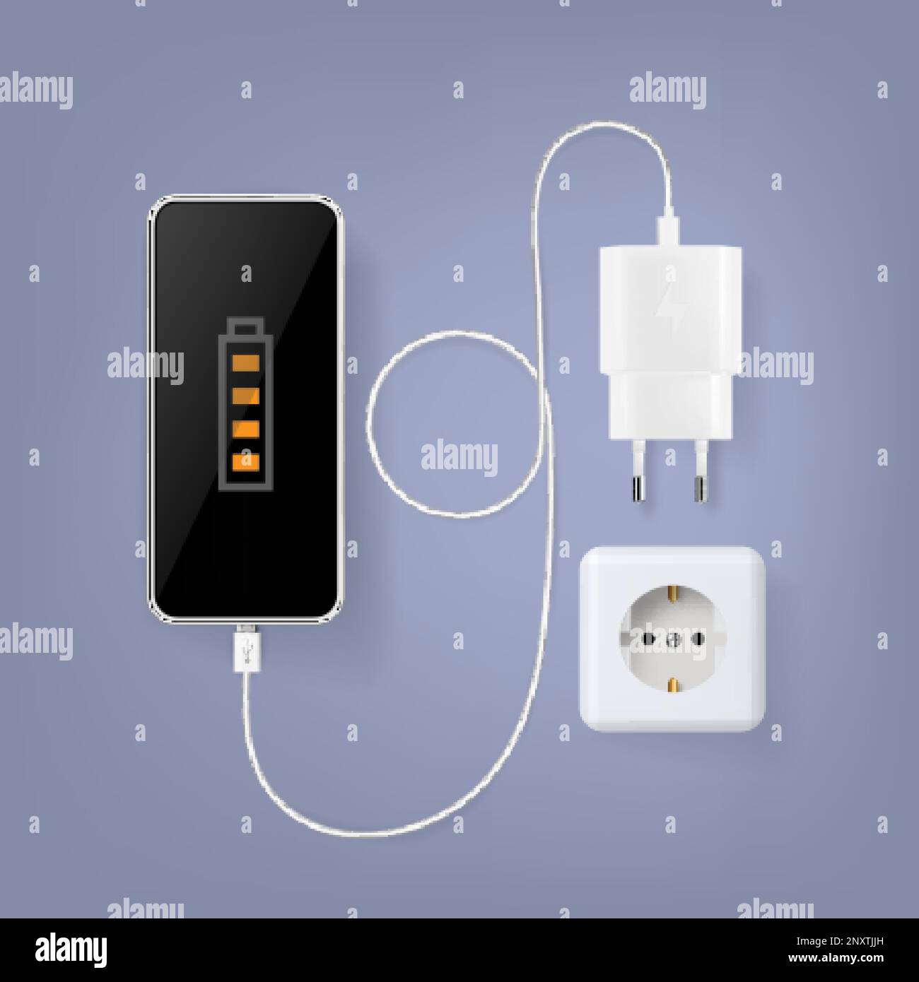 Smartphone with charger and electric socket on color background ...