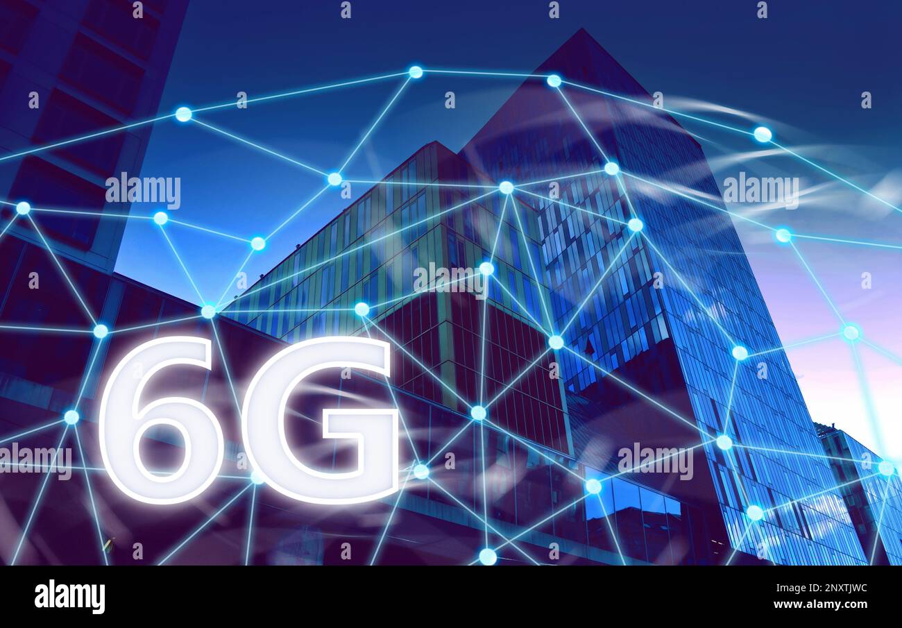 6G network wireless system. Beautiful cityscape and network connection ...