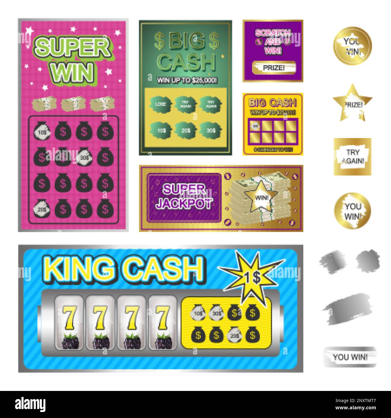 Realistic set of lottery tickets and shiny scratch card effects texture ...