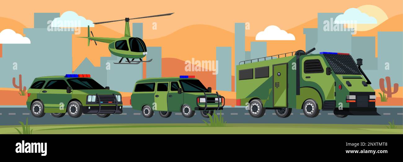 Military transport flat composition with police car armoured machine ...
