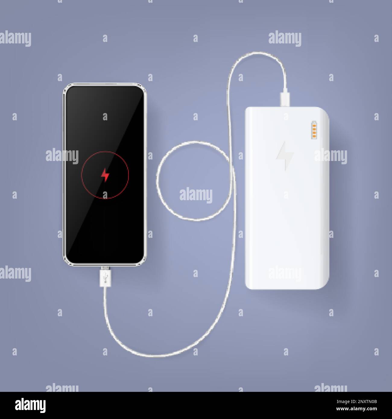Smartphone charging with power bank on color background top view ...