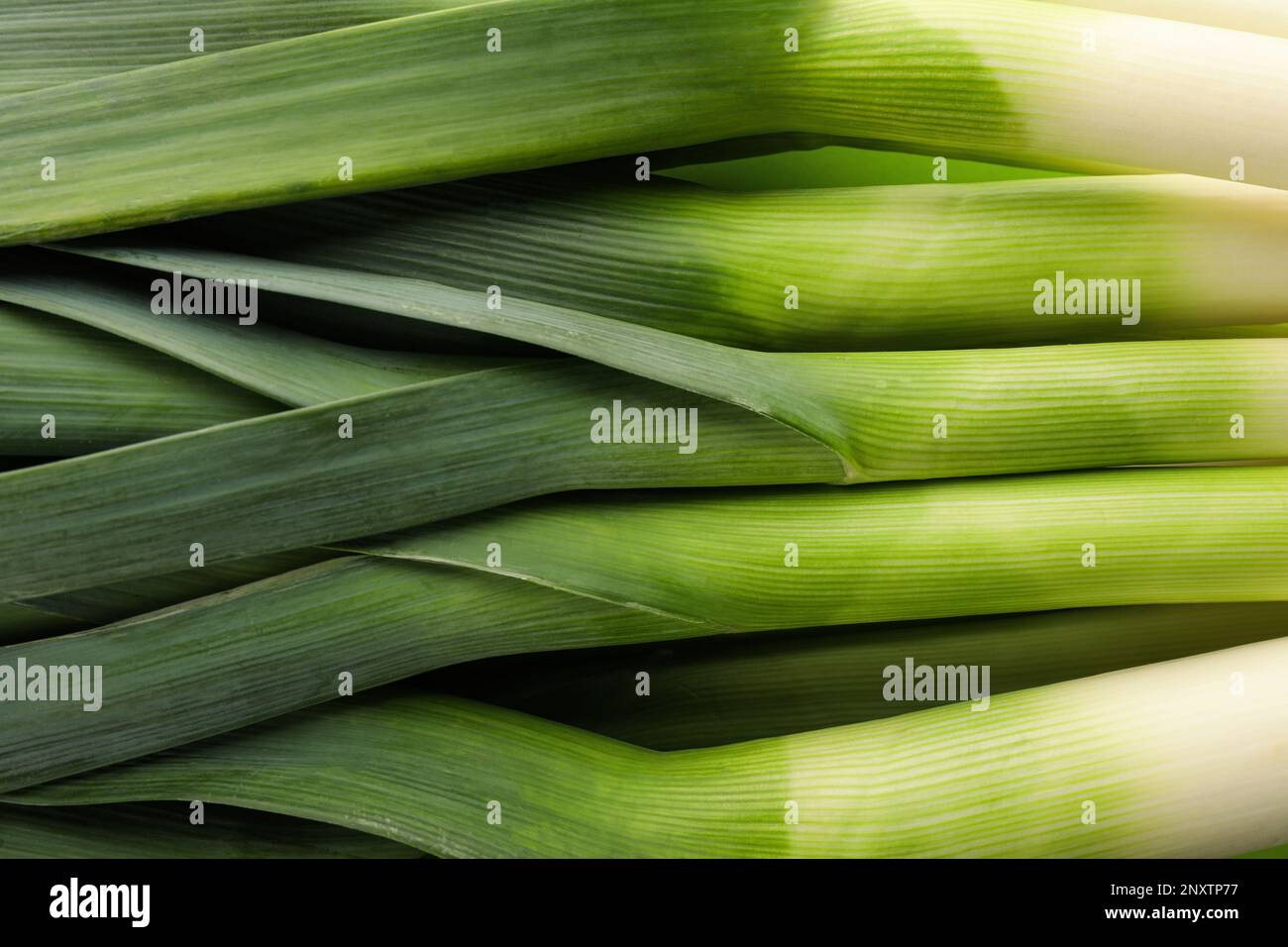 Fresh raw leeks as background, top view Stock Photo - Alamy