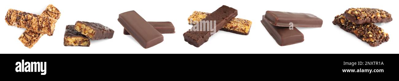 Set with different delicious protein bars on white background. Banner ...