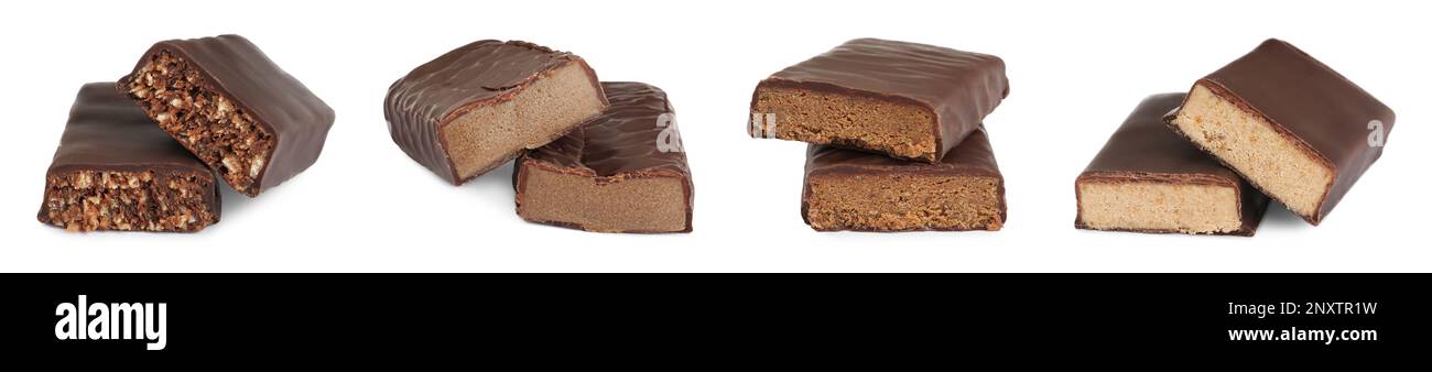 Set with different delicious protein bars on white background. Banner ...