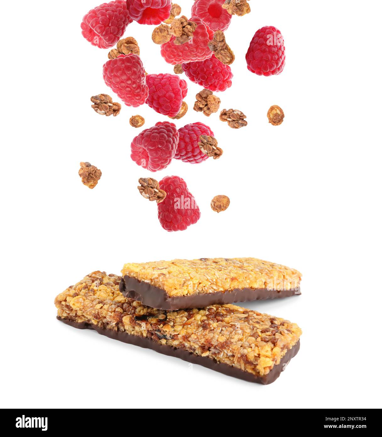 Tasty protein bars and granola with raspberries falling on white ...