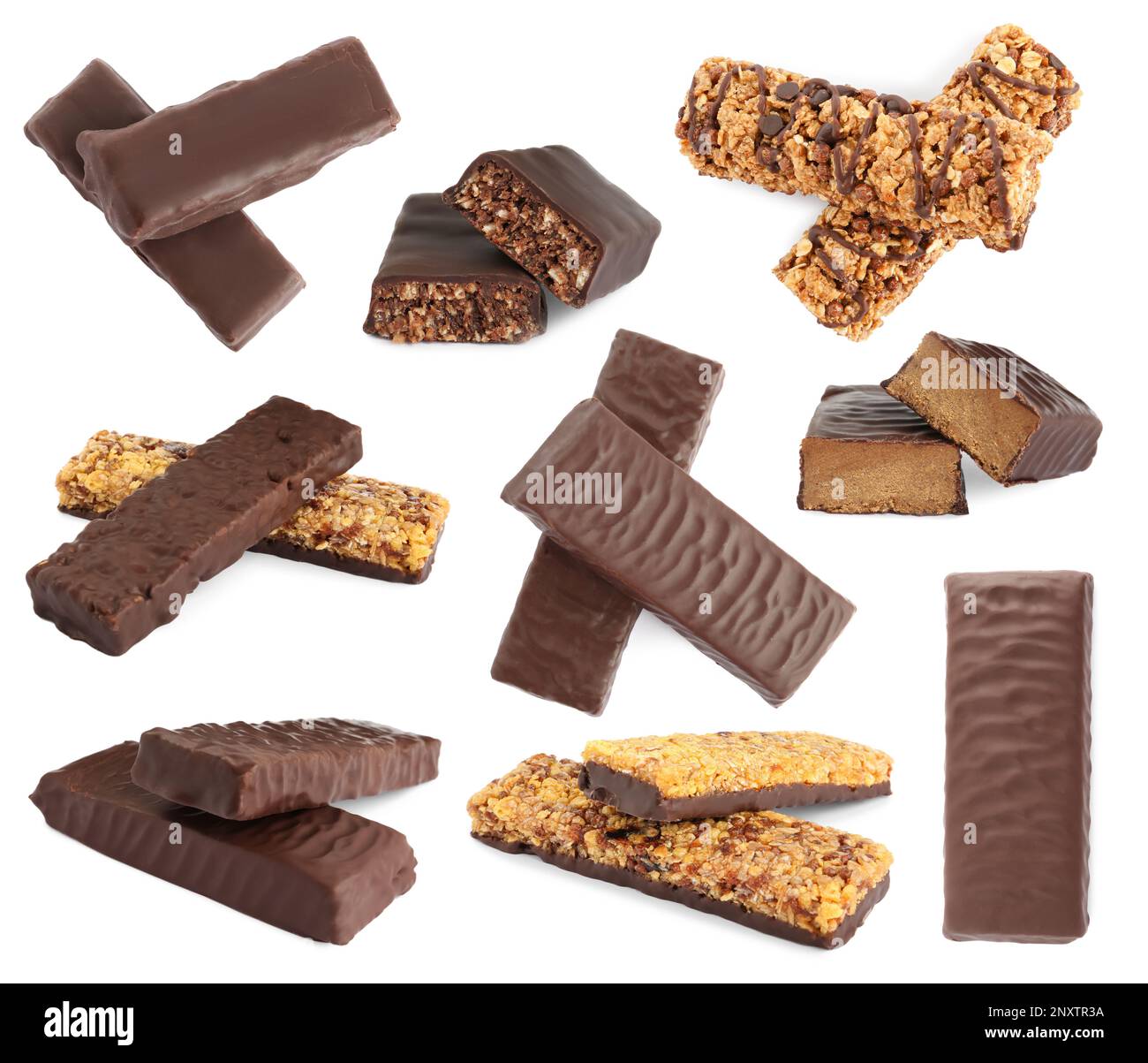 Set with different delicious protein bars on white background Stock ...