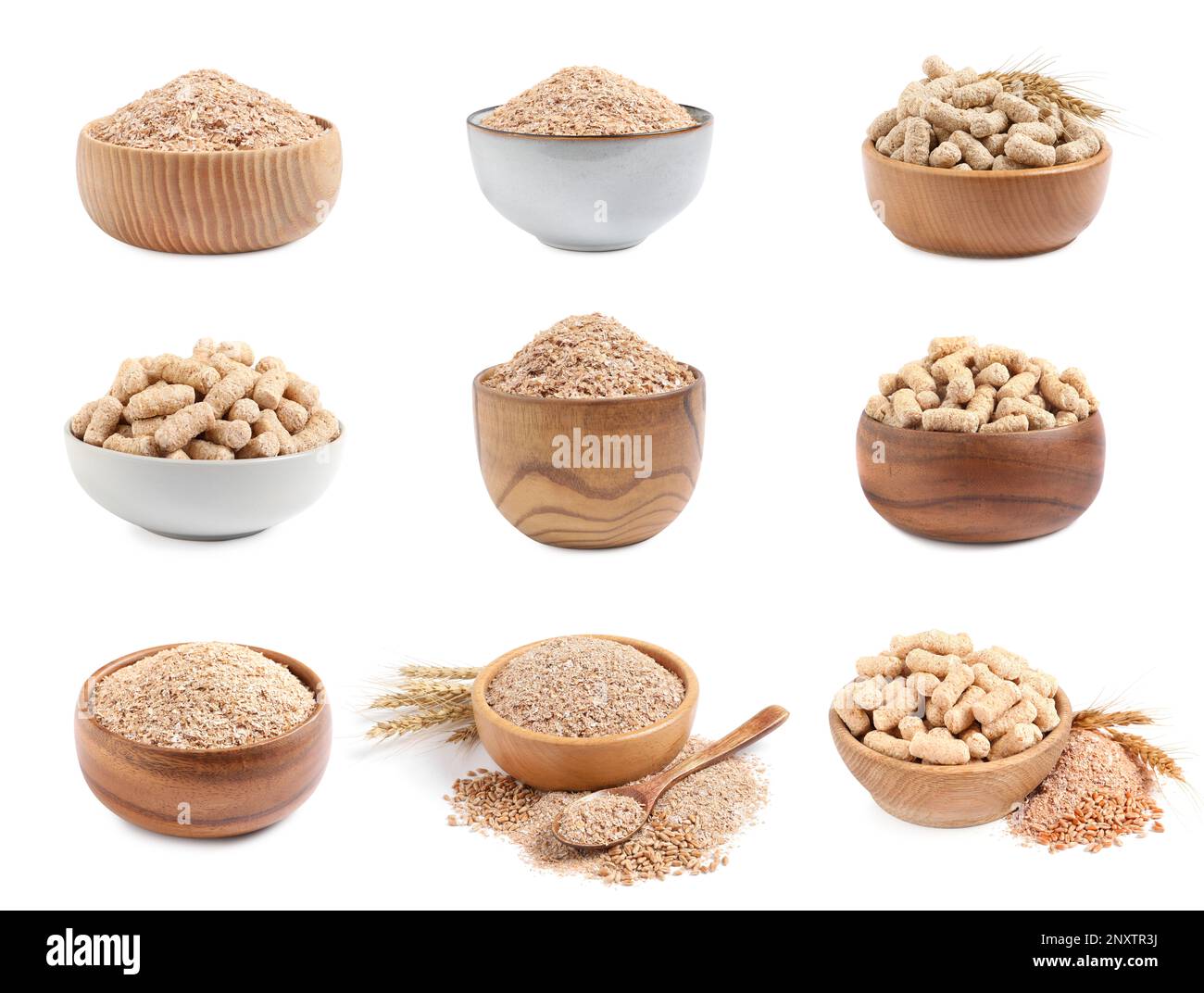 Set with wheat bran on white background Stock Photo - Alamy