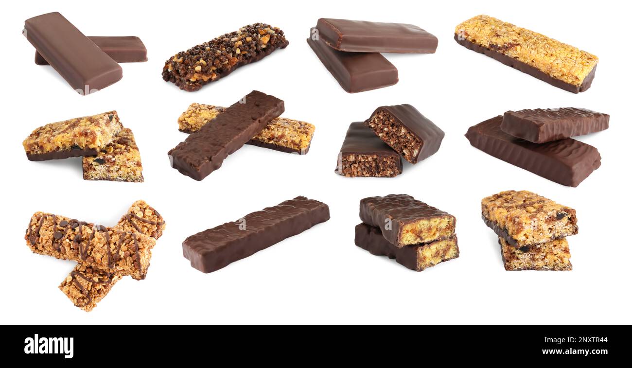 Set with different delicious protein bars on white background Stock ...