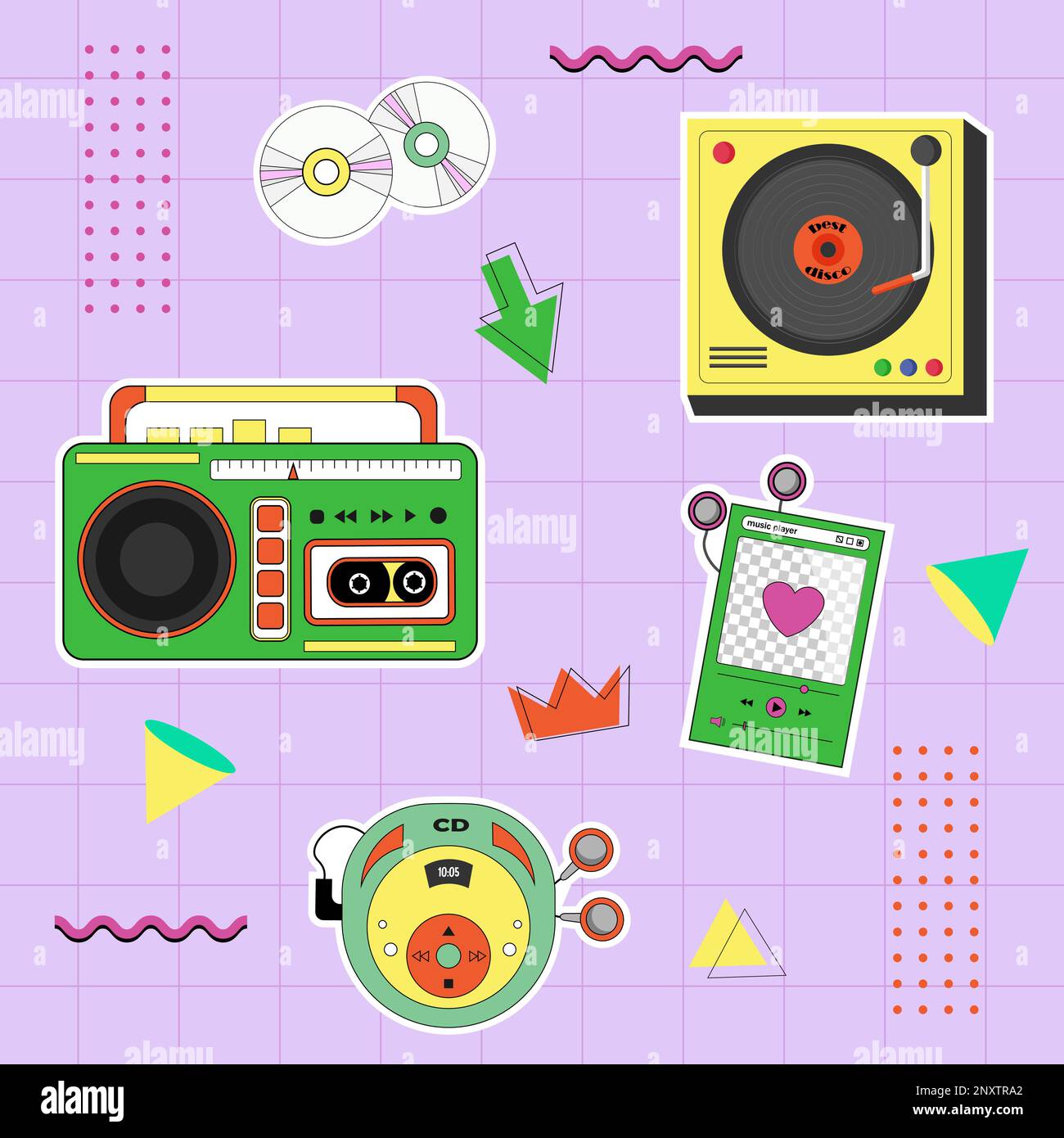 Card template with retro gadgets - record player, radio and TV, player ...