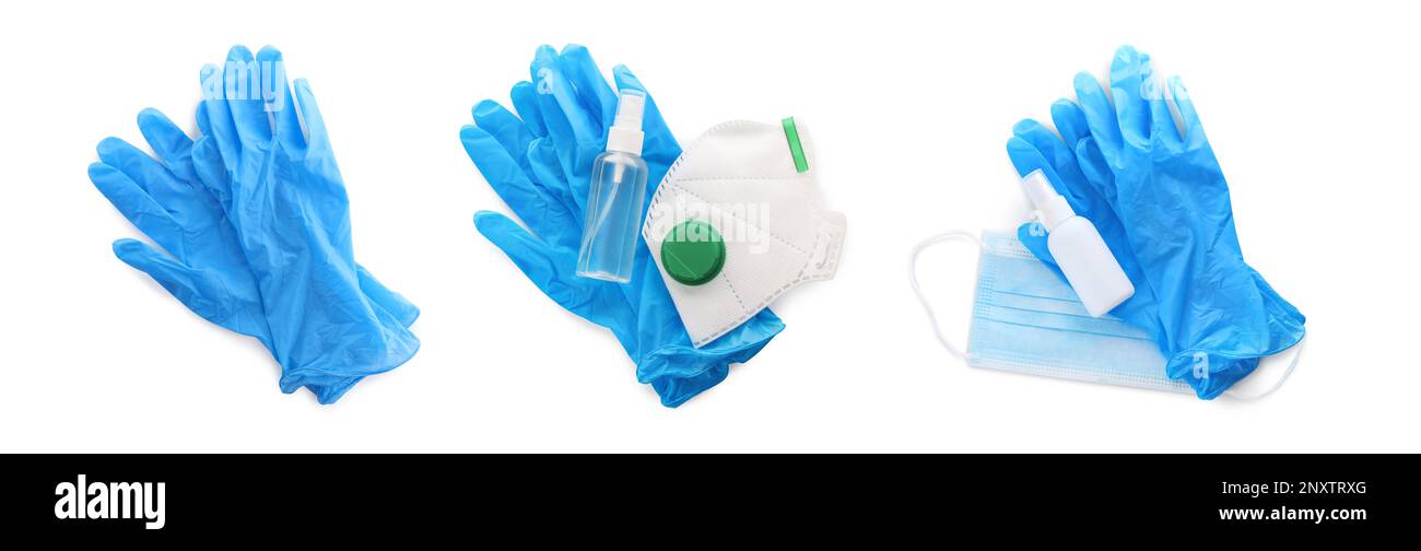 Medical gloves, antiseptic, medical face mask and respirator on white ...